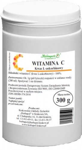 WITAMINA C Kwas L-askorbinowy proszek 300 g HERBAPOL KRAKÓW cena, opinie, wskazania